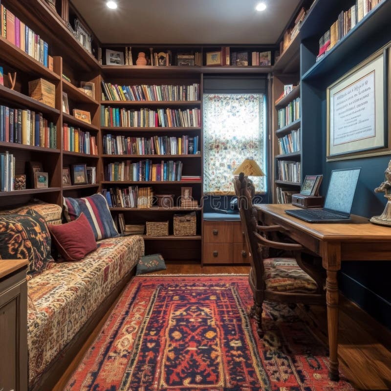 Cozy Library with Built-in Bookshelves, a Daybed, and a Desk Stock ...