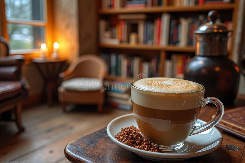 Cozy Library Cafe with Cappuccino on Wooden Table Stock Photo - Image of lighting, soft: 375974648