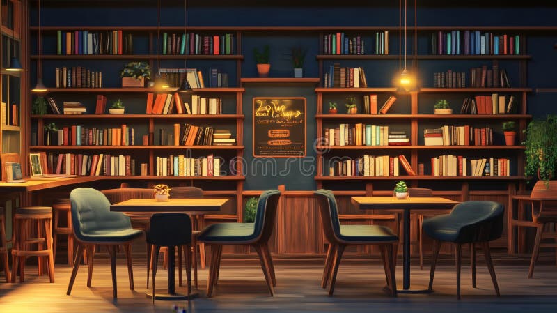 Cozy Library Cafe Interior with Bookshelves, Tables, and Plants Stock Image - Image of furniture ...