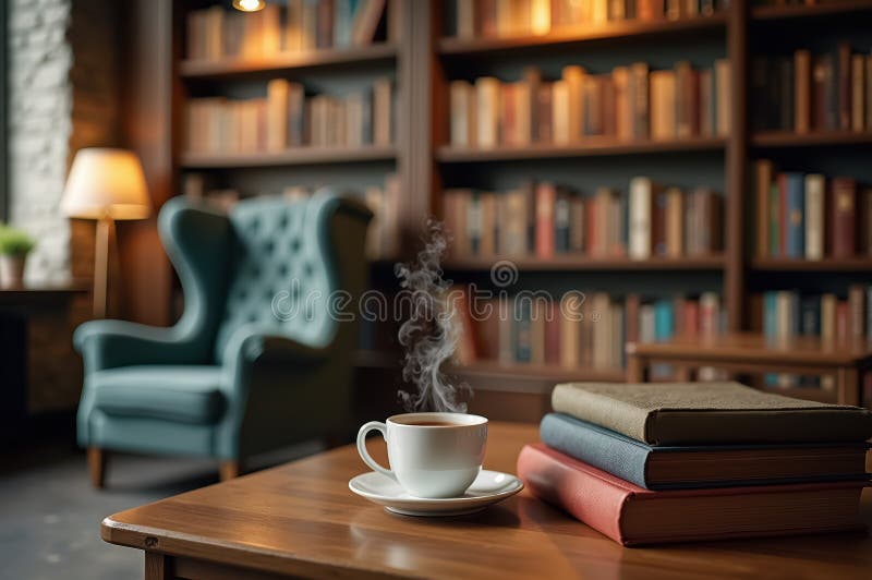 Cozy Library Corner with Armchair and Steaming Coffee Cup on Table. AI ...