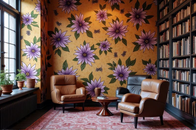 Cozy Library Corner with Floral Wallpaper and Armchairs in Warm ...