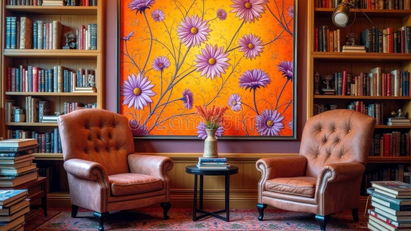 Cozy Library Corner with Leather Armchairs and Vibrant Floral Art on ...