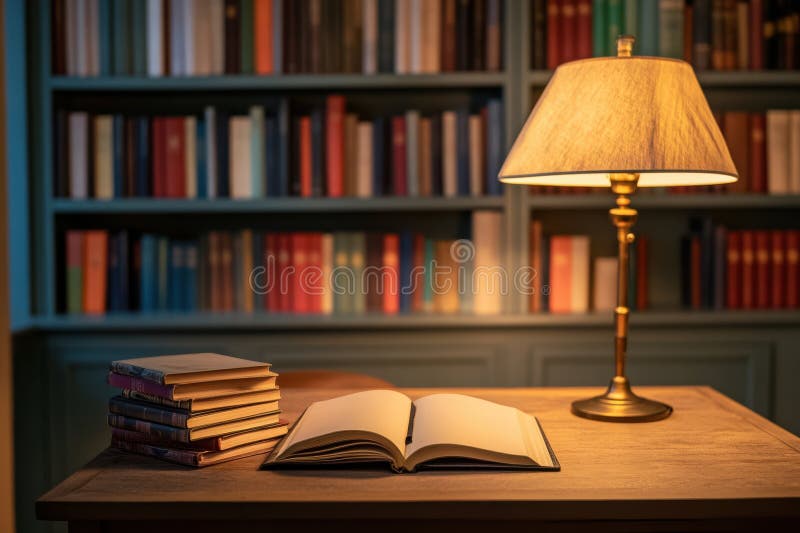 Cozy Library Corner with Open Book and Lamp on Wooden Table in Front of ...