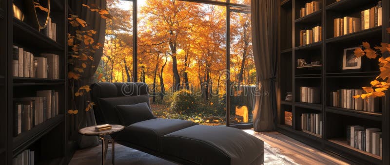 Cozy Library Escape in Autumn with Stunning Nature Views Stock Photo ...