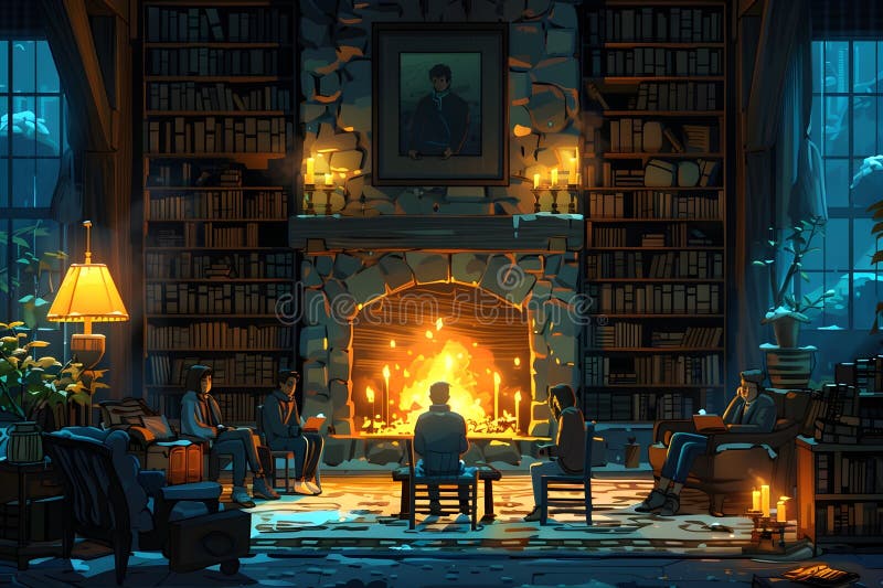 Cozy Library with Fireplace and Comfortable Chairs. Stock Illustration ...