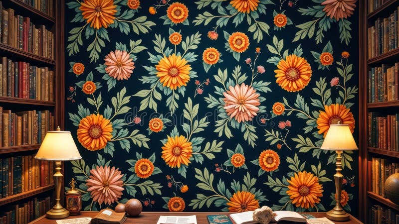 Cozy Library with Floral Wallpaper and Warm Lighting Stock Image ...