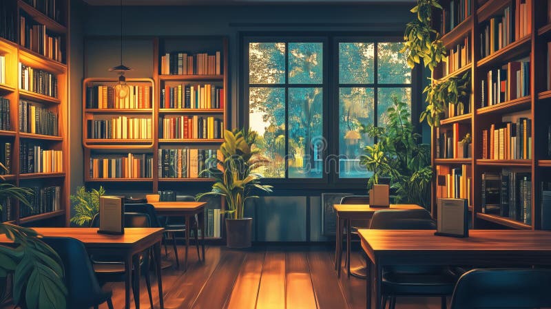 Cozy Library Interior with Bookshelves, Plants, and Warm Lighting Stock ...