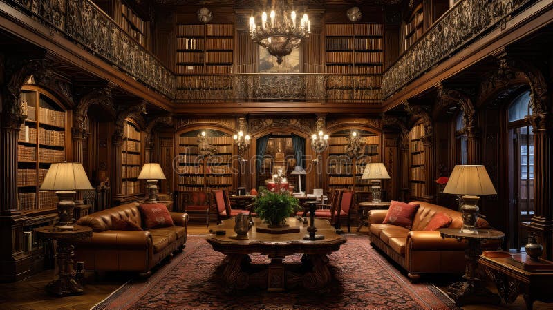 Cozy library interior stock illustration. Illustration of leather ...