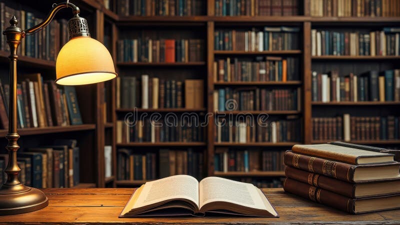 Cozy Library Interior with Open Book on Wooden Table and Stacked Books ...