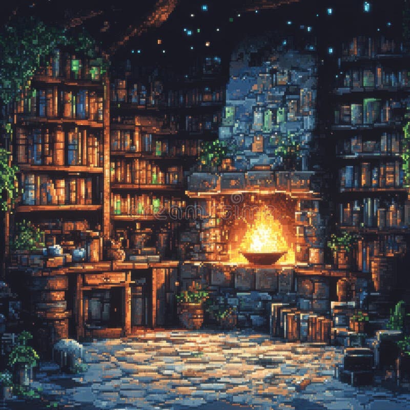 Cozy Library Interior with Warm Fireplace and Bookshelves Stock Photo ...