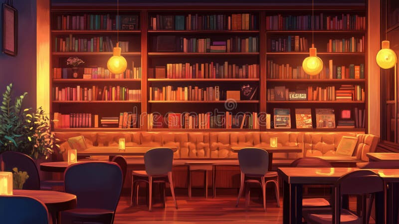 Cozy Library Interior with Warm Lighting, Bookshelves, and Seating Area ...