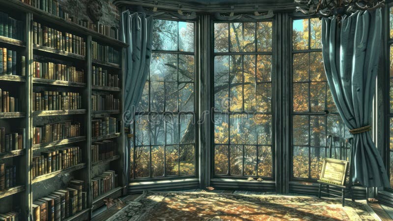 A Cozy Library with a Large Bay Window Overlooking a Wooded Forest ...