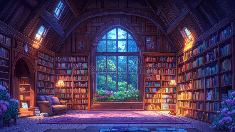 A Cozy Library with a Large Window Overlooking a Garden Stock ...
