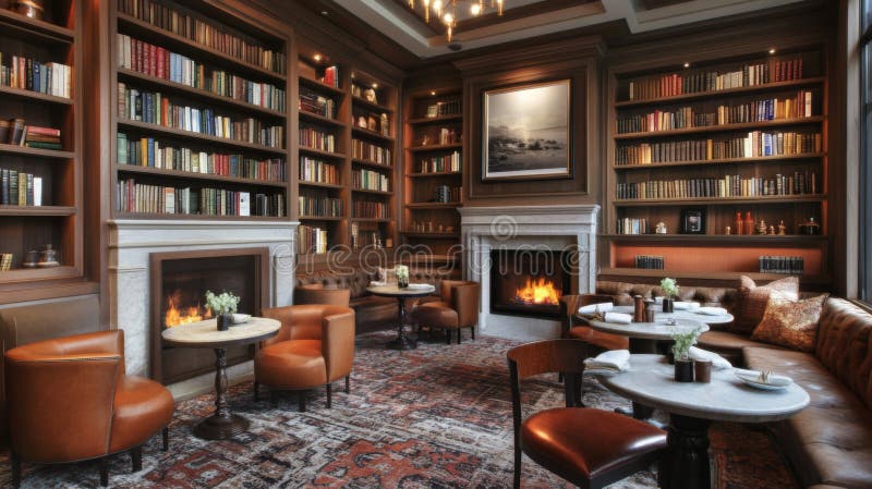 Cozy Library Lounge with Fireplace and Leather Seating Stock ...