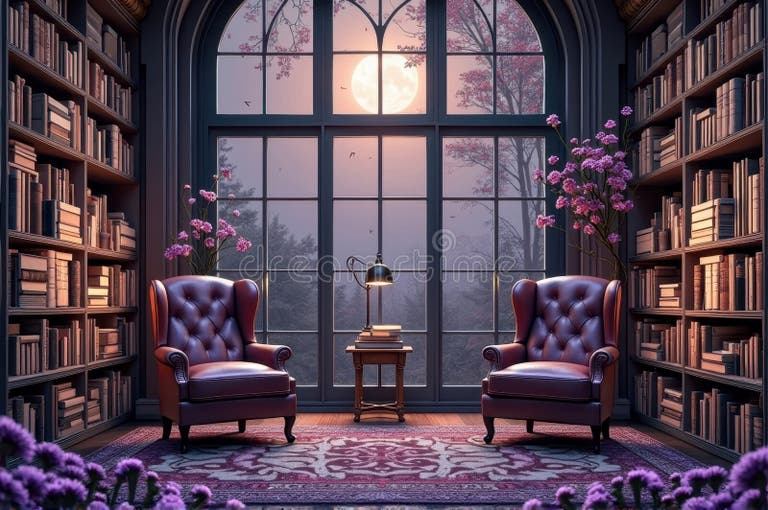 Cozy Library at Night with Two Armchairs and Full Moon View through ...