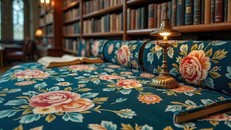 Cozy Library Nook with Floral Couch and Elegant Lamp in Vintage Setting ...