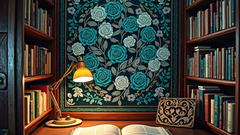 Cozy Library Nook with Open Book and Elegant Floral Artwork Stock Photo ...