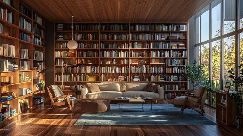 Cozy Library Room Interior Design. Bookshelves, Sofa, and Sunlight ...