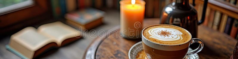 Cozy Library Scene with Cappuccino and Candlelit Ambiance Stock Image ...