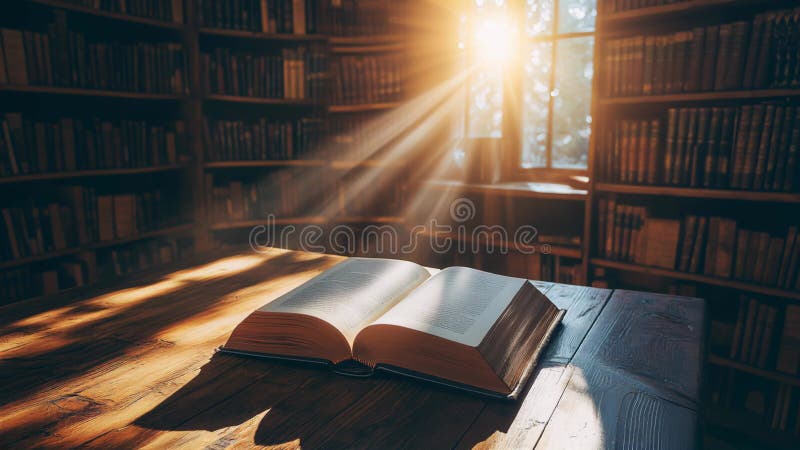 Cozy Library Scene Featuring an Open Book on a Rustic Wooden Table ...