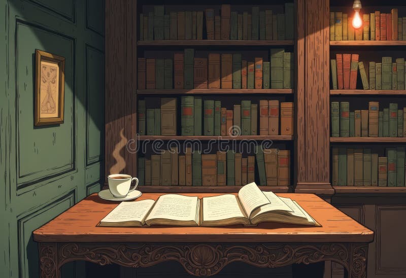 Cozy Library Scene with an Open Book and a Steaming Cup of Coffee Stock ...
