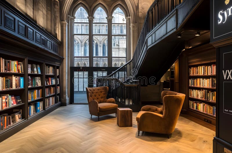 A Cozy Library Space with Bookshelves, Comfortable Seating, and Elegant ...