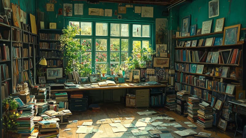 Cozy Library Space Filled with Books, Plants, and Warm Natural Light ...