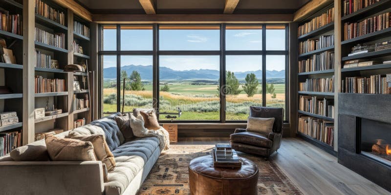 A Cozy Library Space with Large Windows Showcasing a Breathtaking View ...