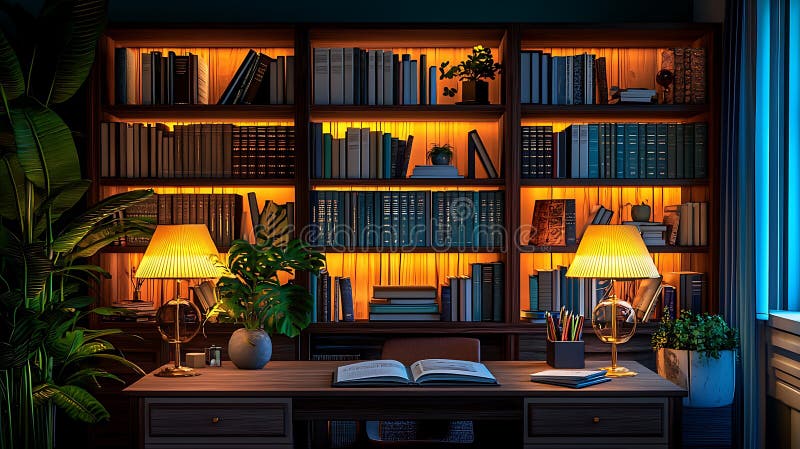 Cozy Library Study with Bookshelves, Desk, Lamps, and Plants at Night ...