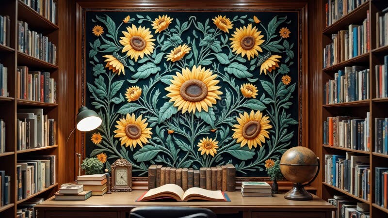 Cozy Library Study with Sunflower Tapestry, Books, and Globe on Wooden ...