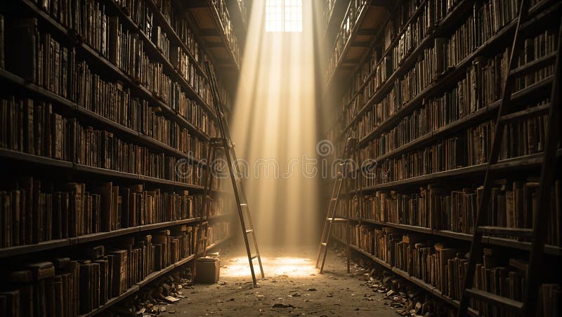 Cozy Library with Tall Bookshelves Ladders and Golden Light Rays Stock ...