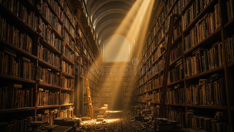 Cozy Library with Tall Bookshelves Ladders and Golden Light Rays Stock ...