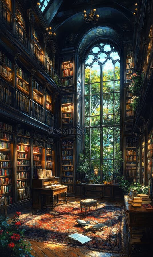 Cozy Library with Tall Windows and Lush Greenery during Daylight Stock ...