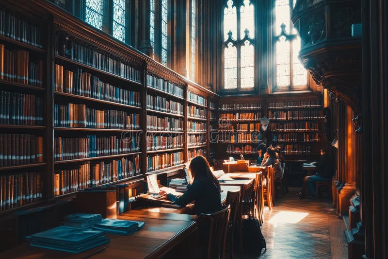 Cozy Library with Warm Lighting and Tall Bookshelves. People Studying ...