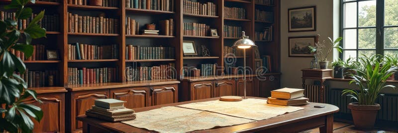 Cozy Library with Wooden Bookshelves and Vintage Map in Rustic Study ...