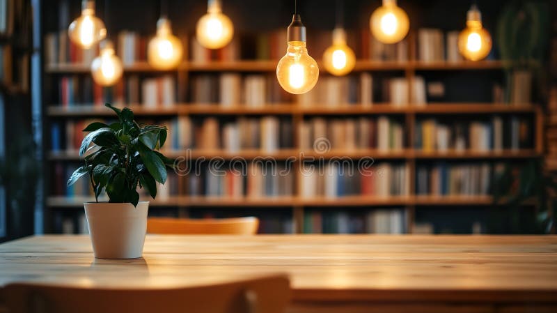 Cozy Library with Wooden Table and Hanging Lights Stock Image - Image ...