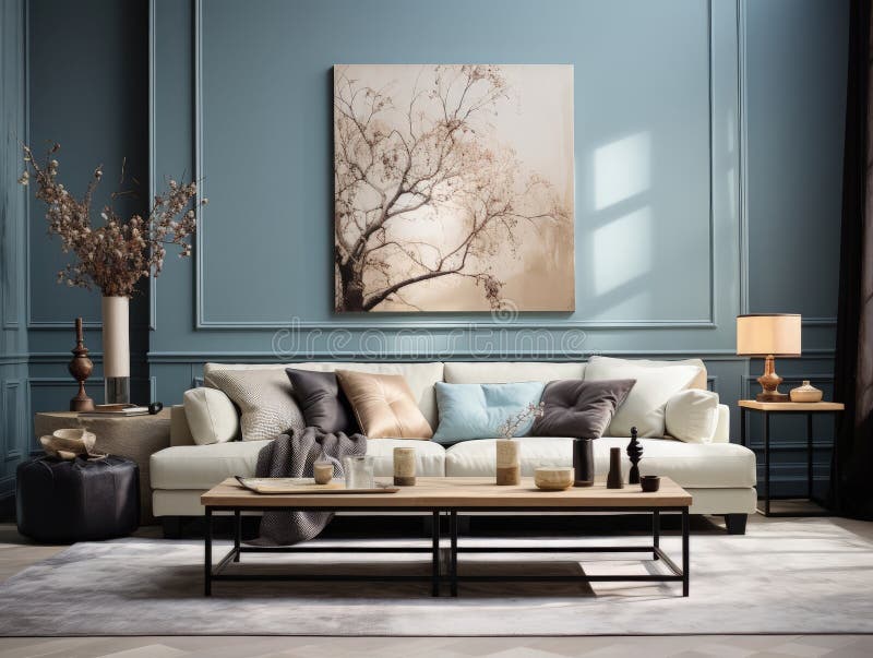 Cozy Light Blue Living Room with Large Windows. Generative AI Stock ...