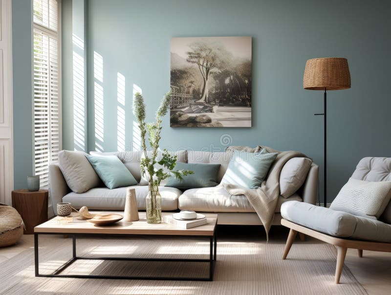 Cozy Light Blue Living Room with Large Windows. Generative AI Stock ...
