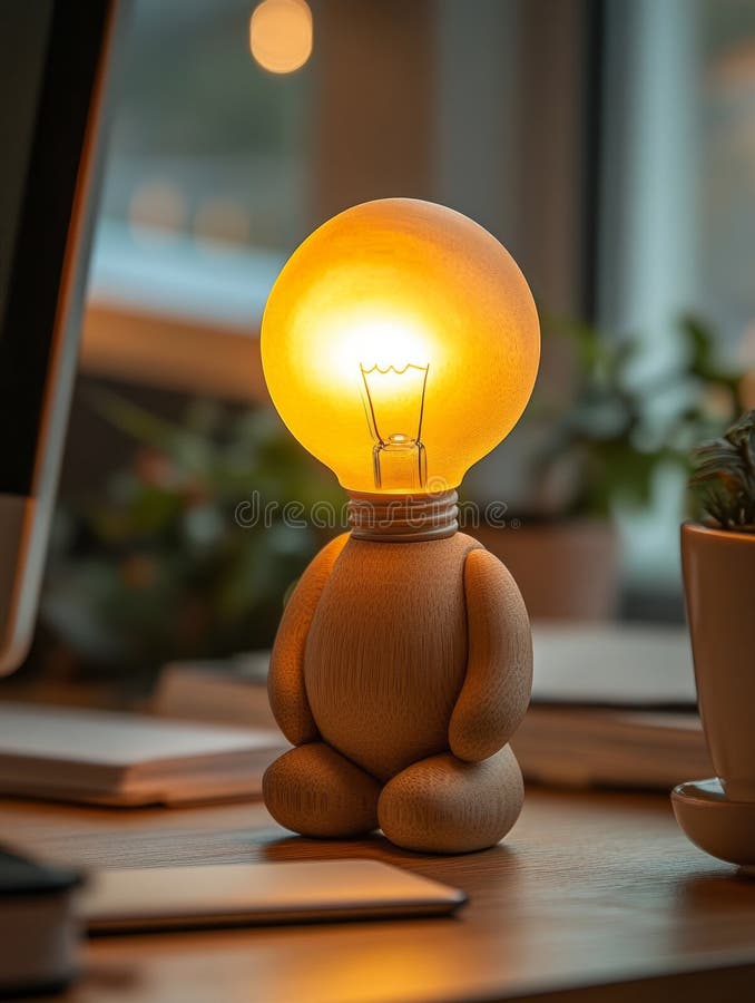 A Cozy Lightbulb Lamp in the Shape of a Figurine on a Desk Stock Image ...