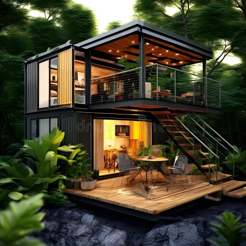 Cozy Living: Designing Tiny Container Homes with Outdoor Areas Stock Illustration - Illustration ...