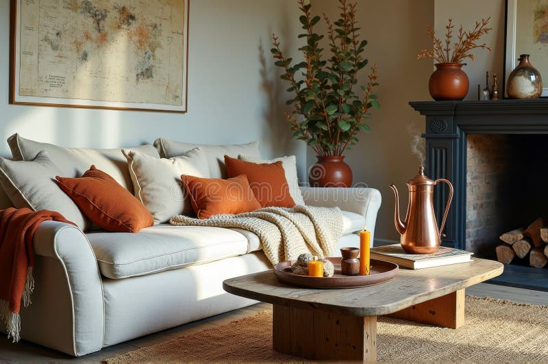 Cozy Living Room with Autumn Decor and Comfortable Cream Sofa Stock ...