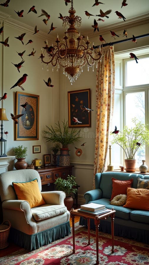 Cozy Living Room with Birds Flying and Elegant Chandelier Stock Photo ...