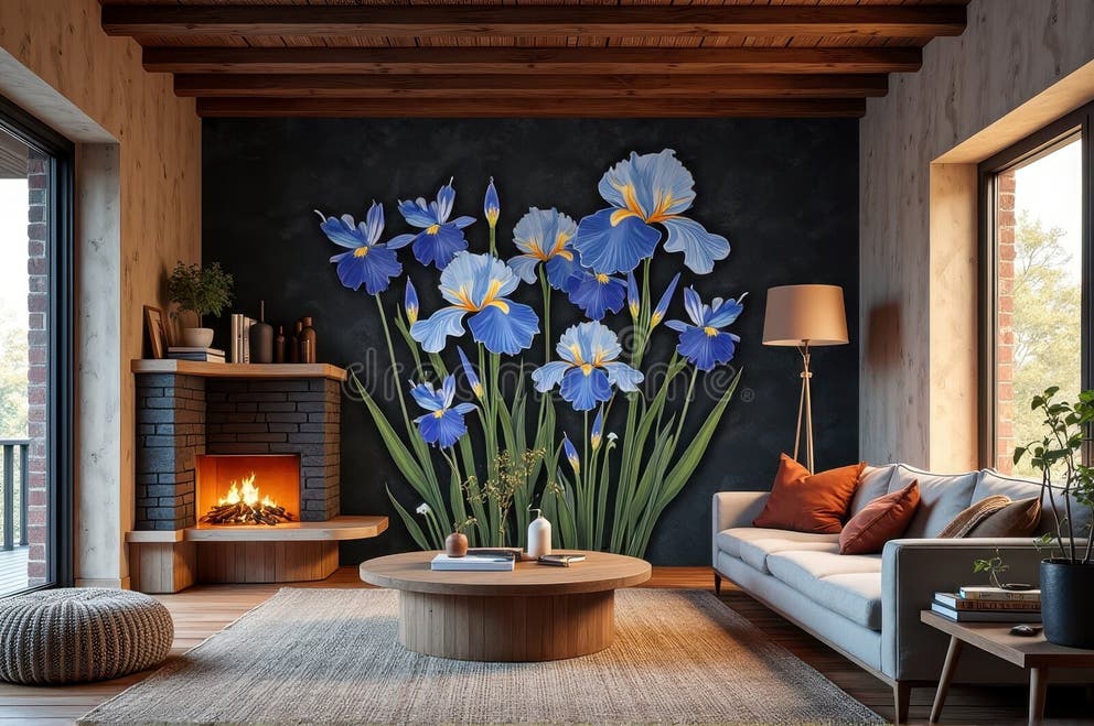 Cozy Living Room with Blue Iris Wall Mural and Fireplace in Modern Rustic Design Stock Photo ...