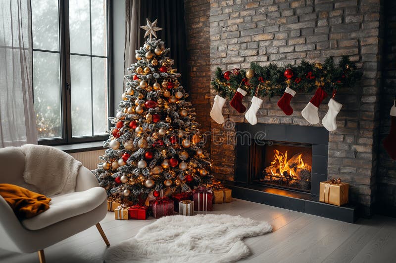Cozy Living Room with Christmas Tree and Fireplace Stock Illustration ...
