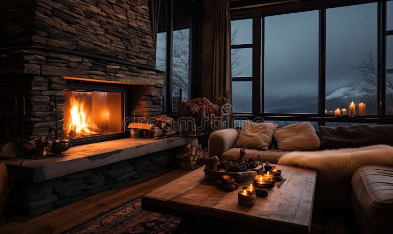 A Cozy Living Room with a Comfortable Sofa and a Warm Fireplace Stock ...