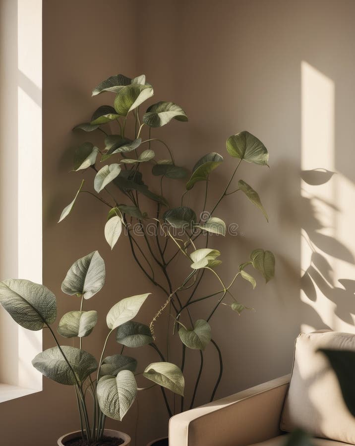 Cozy Living Room Corner with Natural Light and Decorative Plants Stock ...