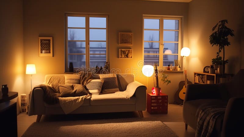 Cozy Living Room with a Couch, Pillows, and a Blanket in the Evening ...