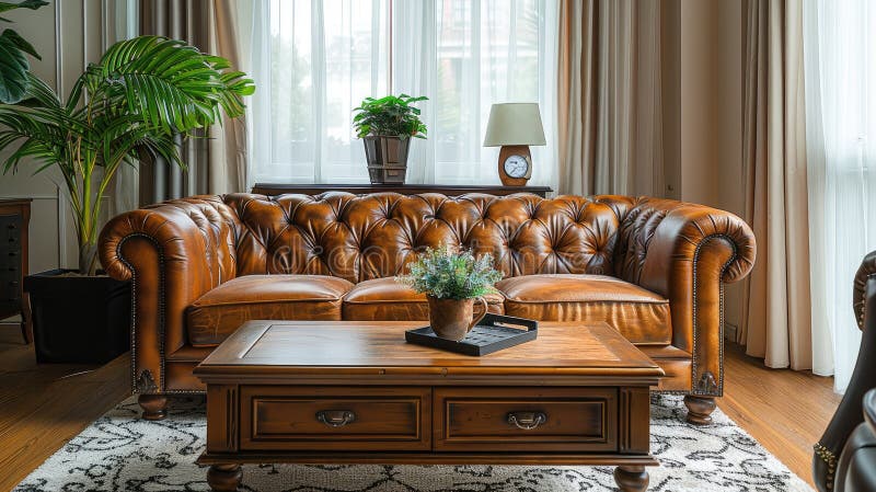 Cozy Living Room with Elegant Leather Sofa Setup Stock Illustration ...