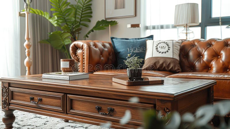 Cozy Living Room with Elegant Leather Sofa Setup Stock Illustration ...