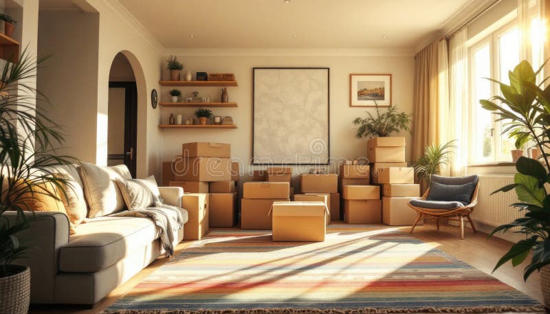 Cozy Living Room Filled Moving Boxes Warm Sunlight Stock Photos - Free ...